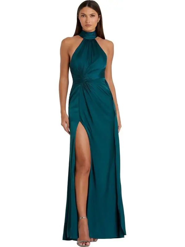 Mac Duggal Petite Open Back High Neck Gown - Blue