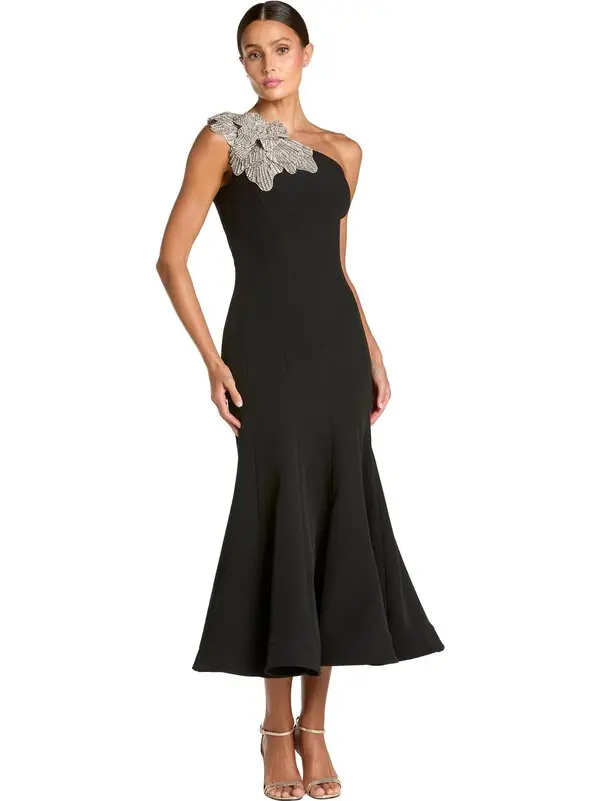 Mac Duggal Petite Crepe One-shoulder Mermaid Midi Dress With Floral Appliqu - Black