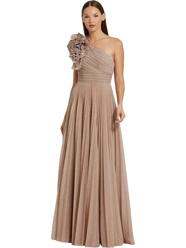 Mac Duggal Pleated Metallic One Shoulder Gown With Ruffle - Champagne