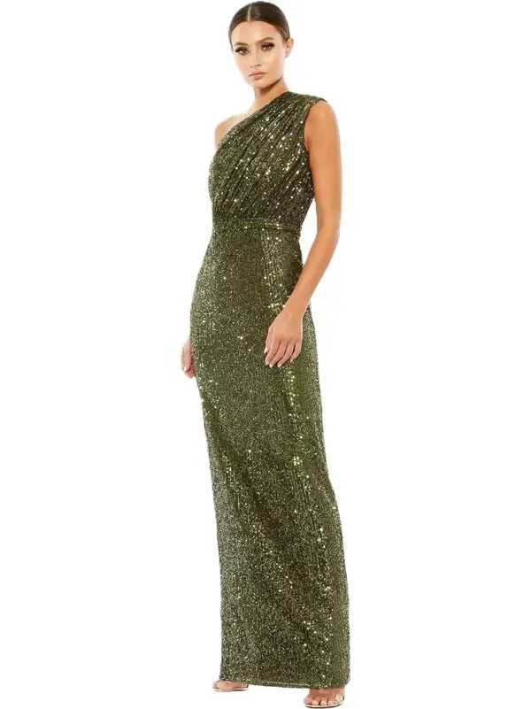 Mac Duggal Petite Sequined Ruched One Shoulder Gown - Green