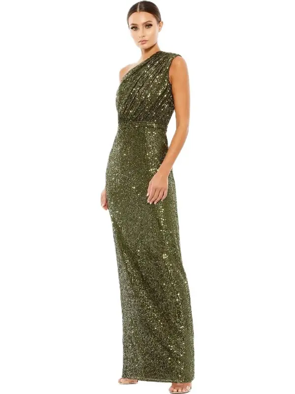 Mac Duggal Petite Sequined One-shoulder Gown - Olive
