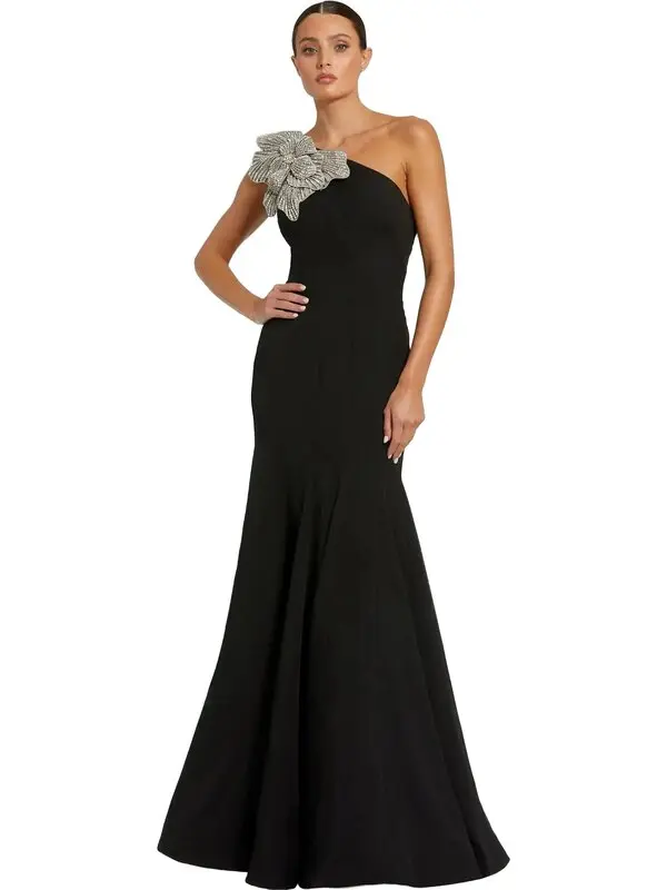 Mac Duggal Petite Crepe One-shoulder Mermaid Gown With Flower - Black