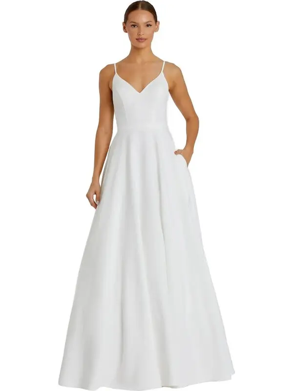 Mac Duggal Petite A-line V-neck Ball Gown - White