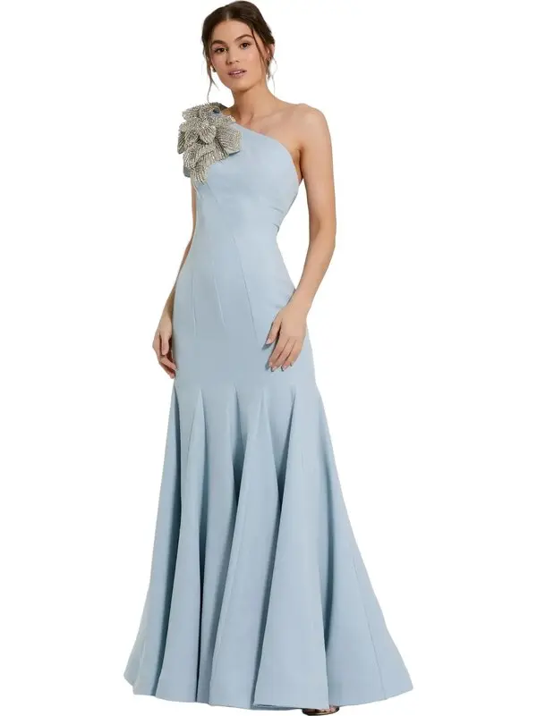 Mac Duggal Petite Crepe One Shoulder Mermaid Gown With Flower - Powder Blue