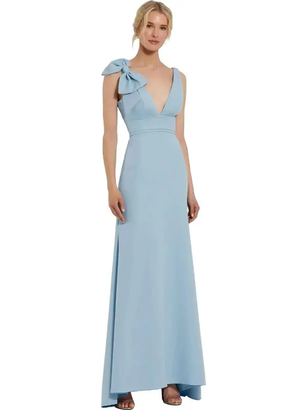 Mac Duggal Petite Sleeveless V-neck Bow Detail Mermaid Gown - Blue