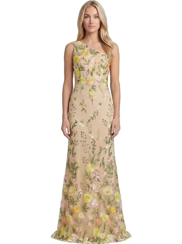 Mac Duggal One Shoulder Lace Embroidered Gown - Yellow