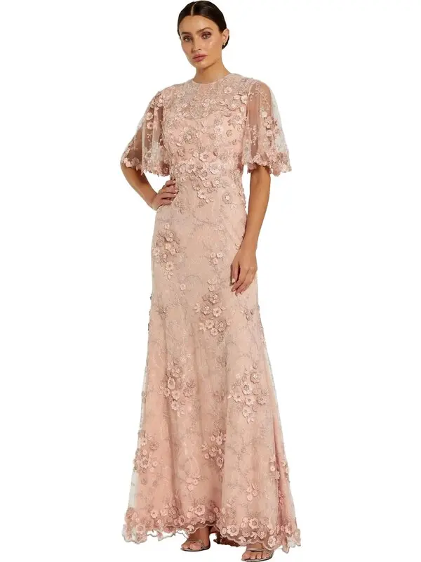 Mac Duggal Petite Flutter Sleeve Floral Embroidered Net Gown - Pink