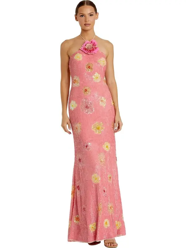 Mac Duggal Floral Beaded Halter Gown With 3d Flower - Pink Lemonade