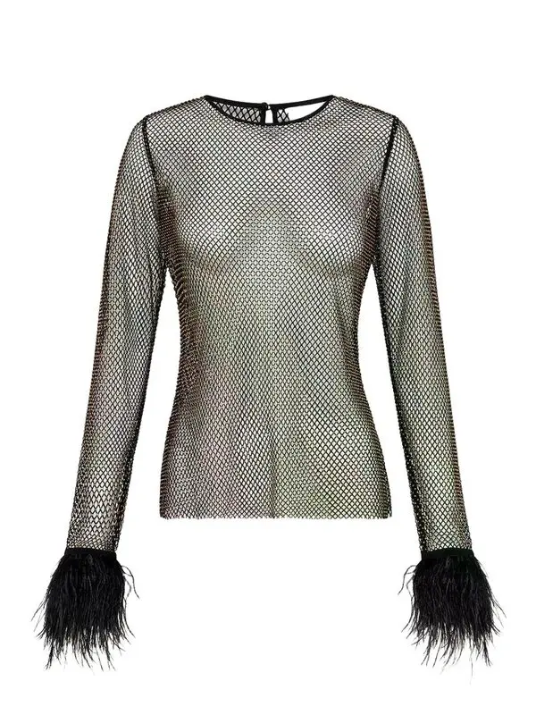 Camilla Feather Embellished Mesh Top - Black