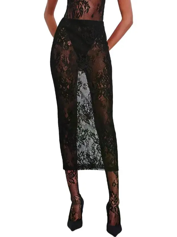 Wardrobe.NYC Floral Lace Midi Skirt - Black