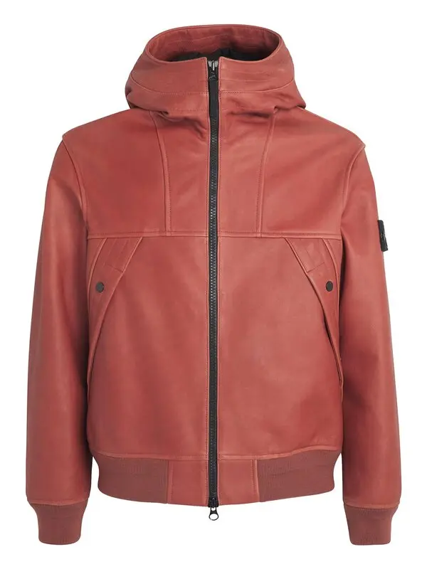 Stone Island Hooded Leather Jacket - Red