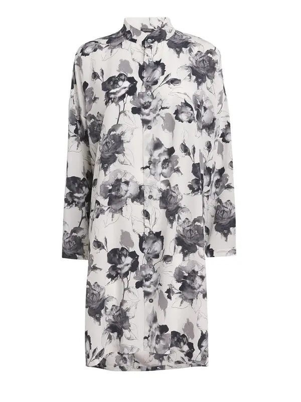 Eskandar Silk Floral Longline Shirt - Grey