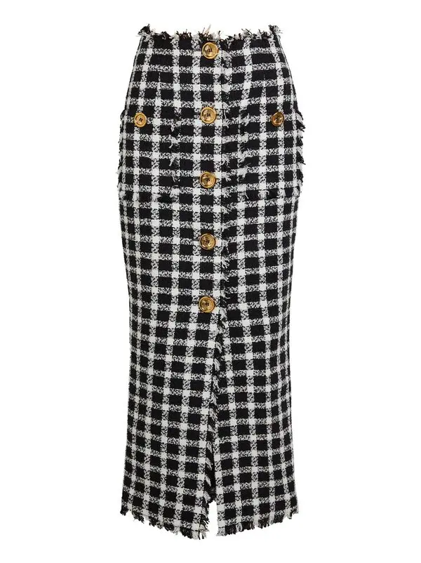 Balmain Checked Tweed Midi Skirt - Black And White