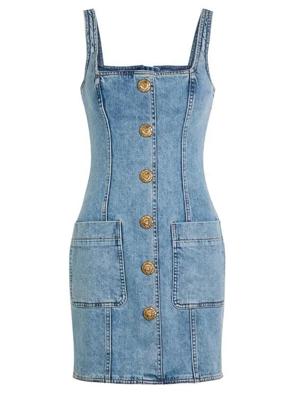Balmain Button-embellished Stretch-denim Mini Dress - Light Blue
