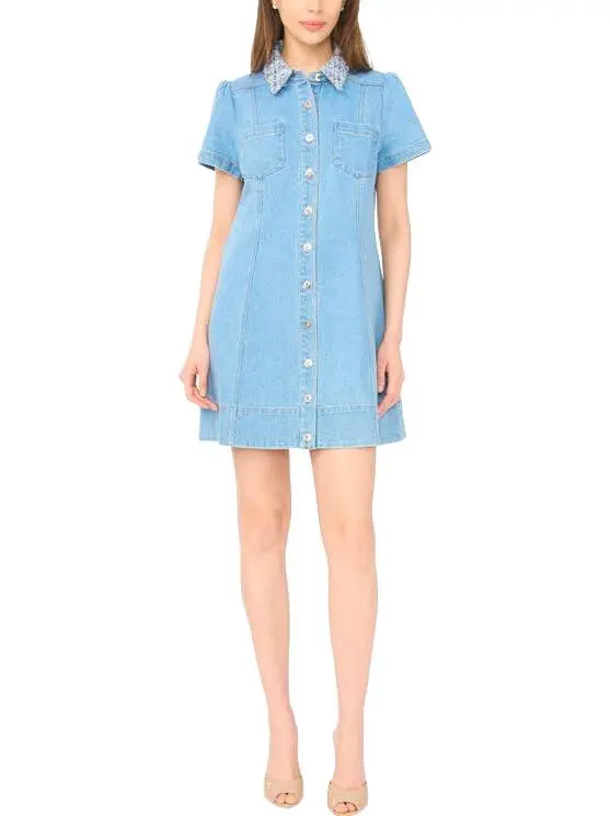 CECE DUPRAZ Denim Shirtdress With Tweed Collar - Light Blue Wash