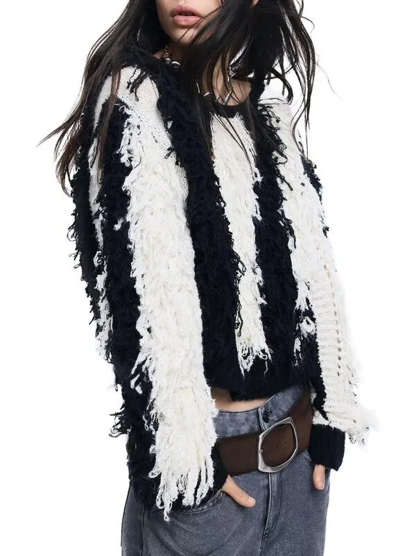 Desigual Striped Fringe Sweater - Black