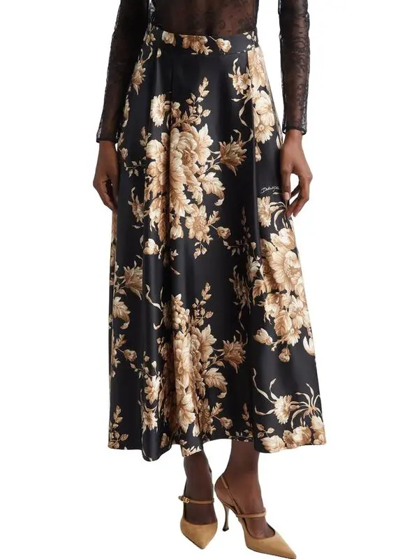 Dolce & Gabbana Silk Satin A-line Skirt - Rose Print