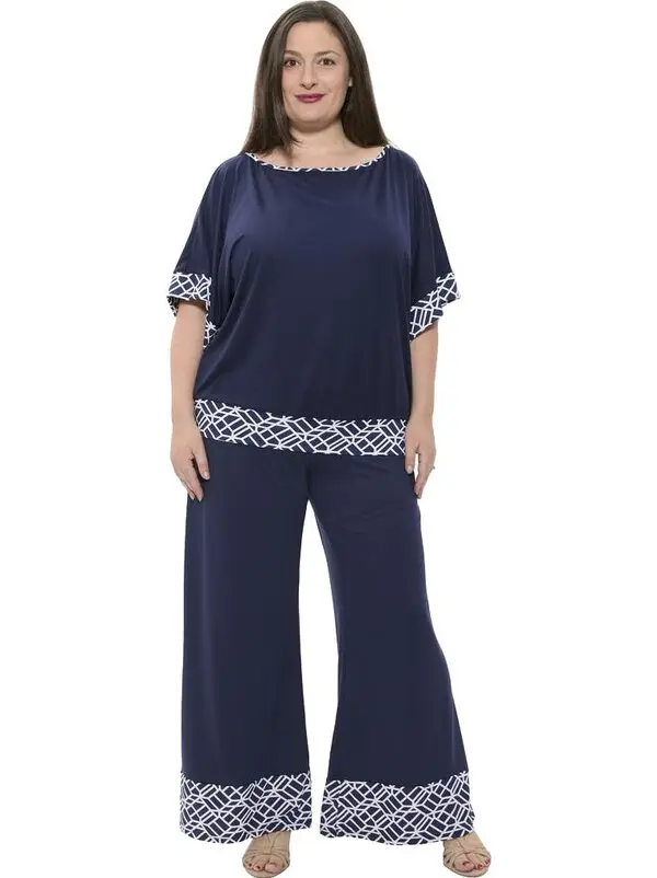 24SEVEN COMFORT APPAREL Boat Neck Dolman Sleeve Top And Wide Leg Pant Set - Navy