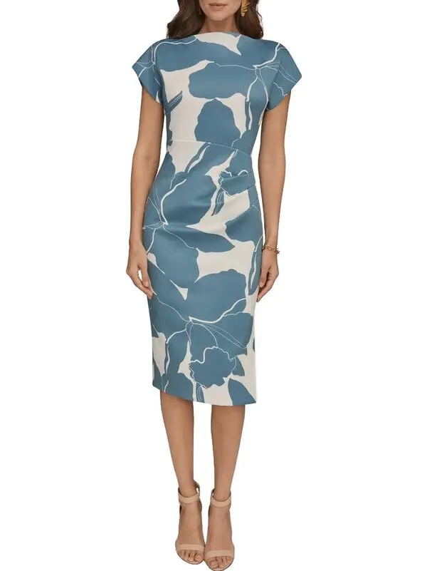 Donna Karan New York Floral Print Sheath Dress - Washed Indgo/cream