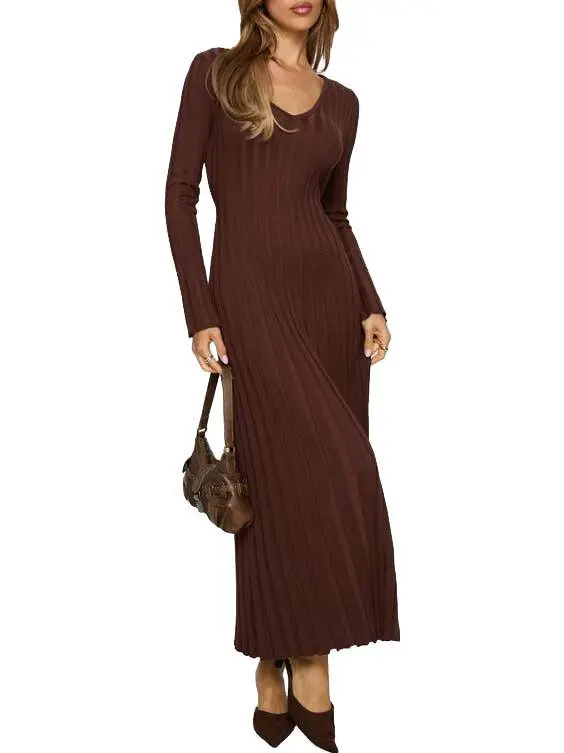 Princess Polly Gratuita Long Sleeve Rib Maxi Sweater Dress - Chocolate