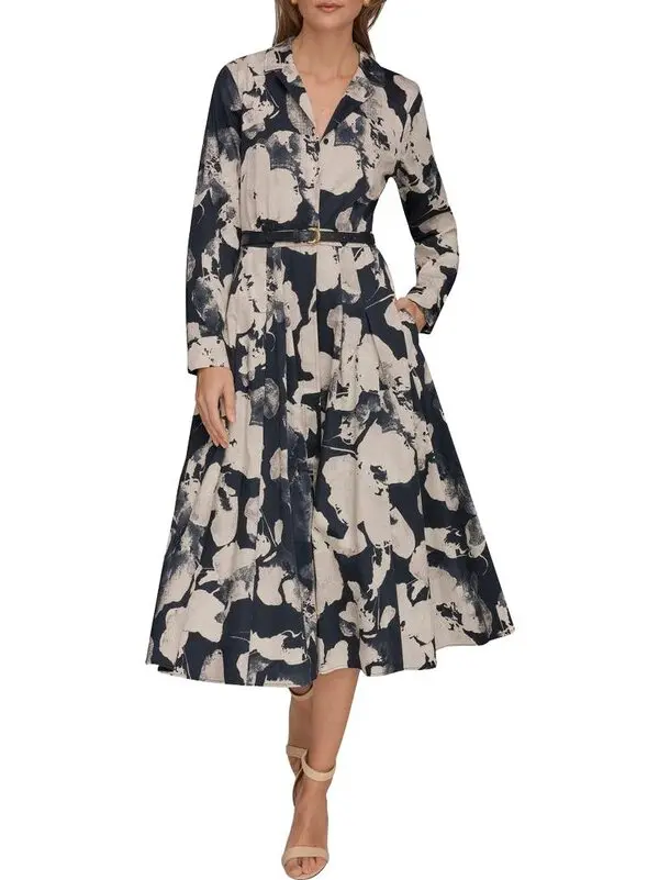 Donna Karan New York Printed Pleated Long Sleeve Midi Dress - Nightfall Multi