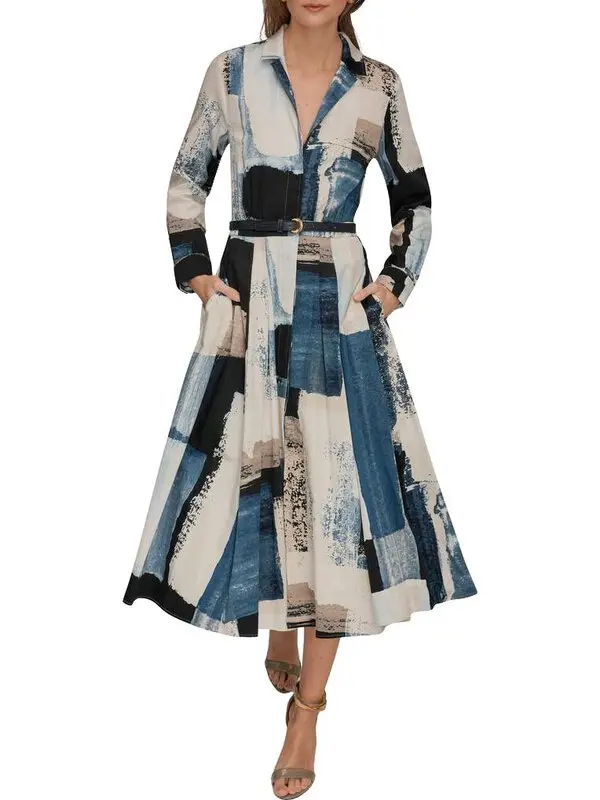 Donna Karan New York Printed Pleated Long Sleeve Midi Dress - Wshd Indigo/cream