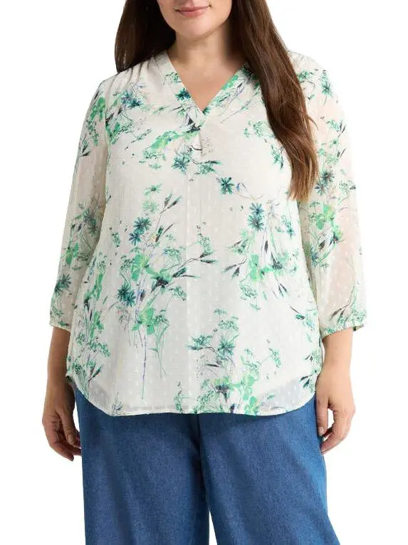 Jones New York Floral Clip Dot Top - White Sand Multi