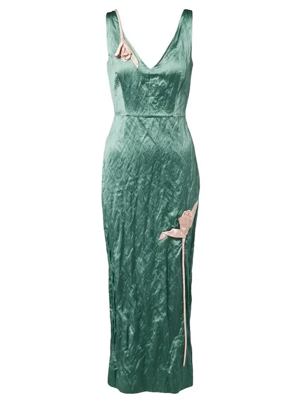 Erdem Floral-appliqué Satin Midi Dress - Green