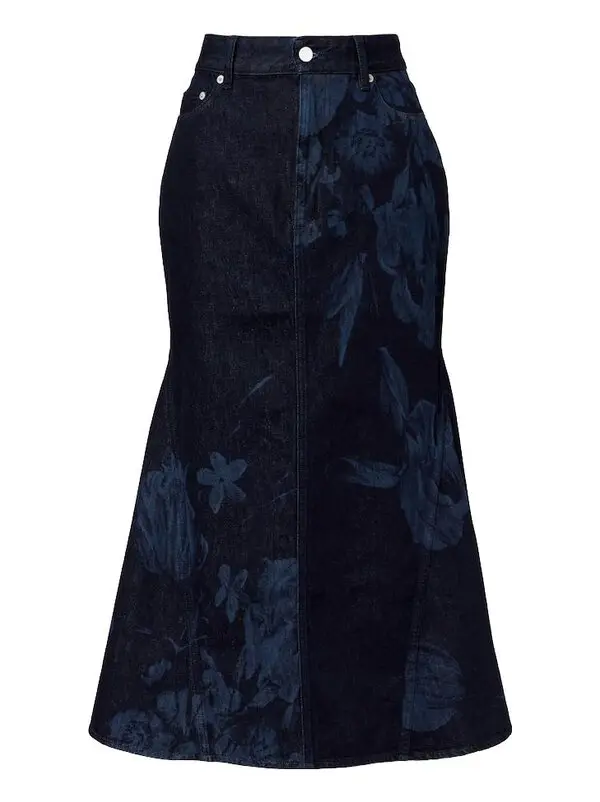 Erdem Floral Flared Denim Midi Skirt - Blue