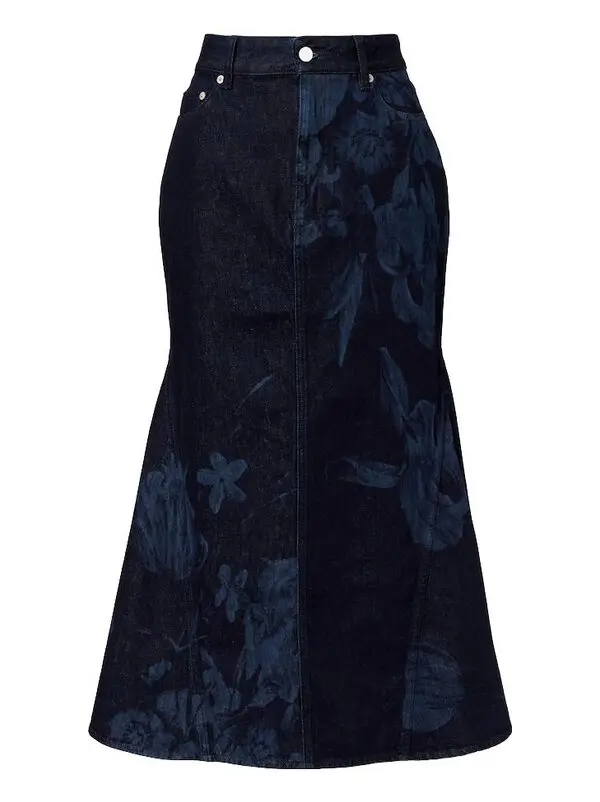 Erdem Floral Flared Denim Midi Skirt - Blue