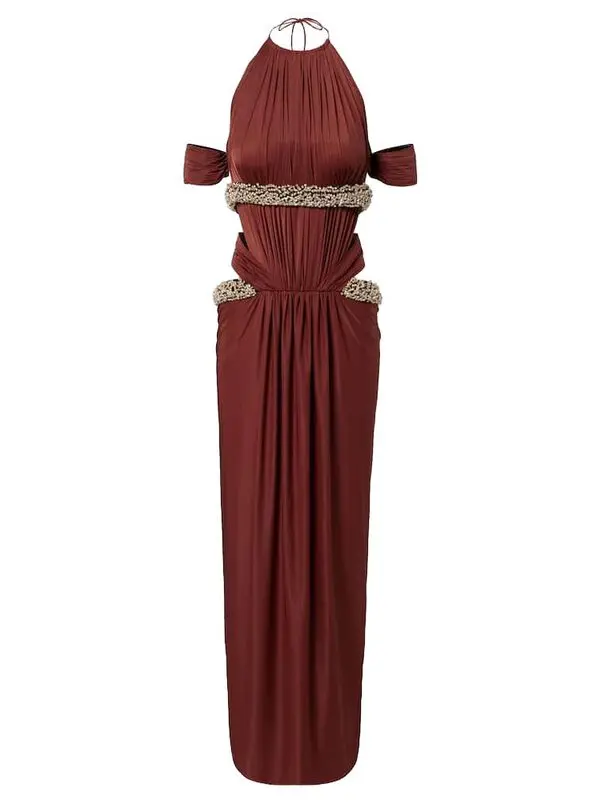 THE NEW ARRIVALS ILKYAZ OZEL Crystal-embellished Halterneck Gown - Brown