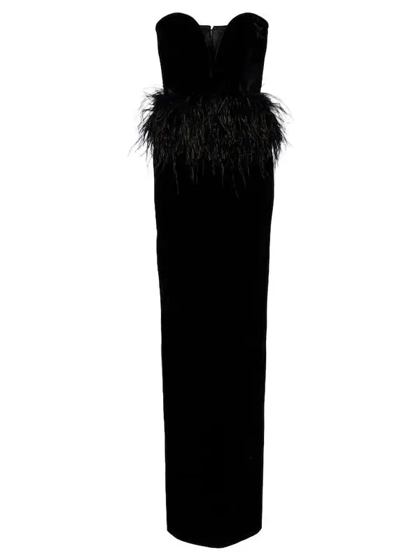 THE NEW ARRIVALS ILKYAZ OZEL Feather-trimmed Strapless Velvet Gown - Black