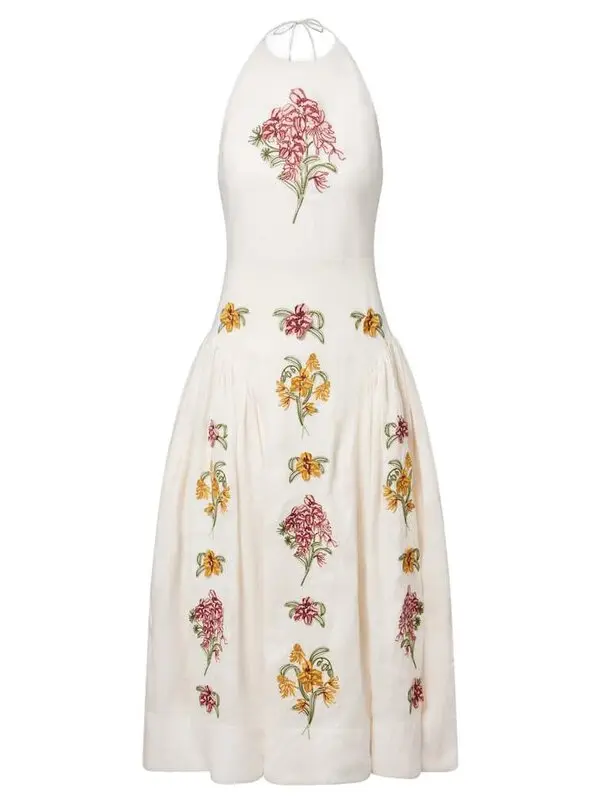 Agua Bendita Floral Linen Midi Dress - White
