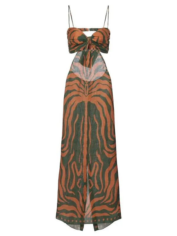 Johanna Ortiz Printed Cutout Linen Maxi Dress - Brown