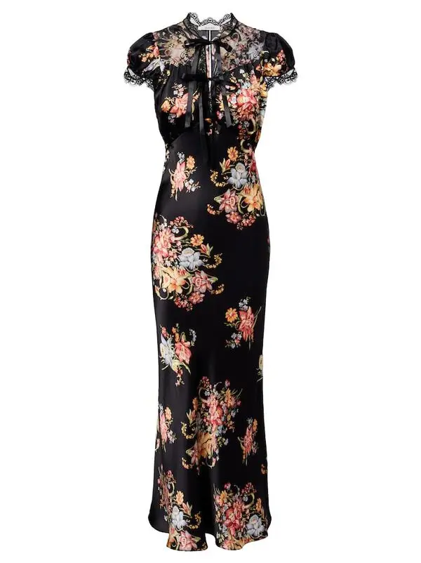 RODARTE Floral Lace-trimmed Silk Midi Dress - Black