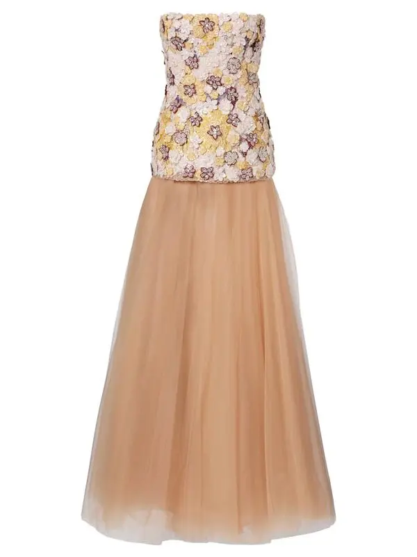 Costarellos Theia Floral-appliqué Sequined Tulle Gown - Beige