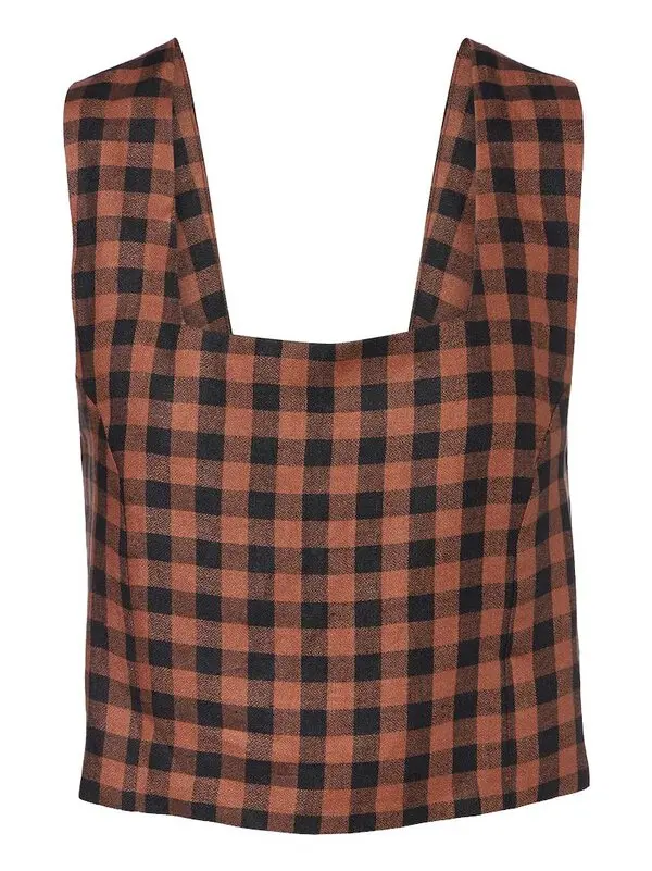 Asceno Checked Linen Top - Brown
