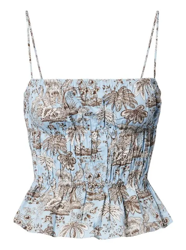 Staud Floral Ruched Cotton Top - Blue