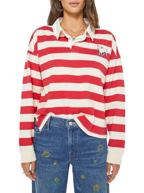 MOTHER Boxy Match Stripe Cotton Rugby Shirt - Tango Red