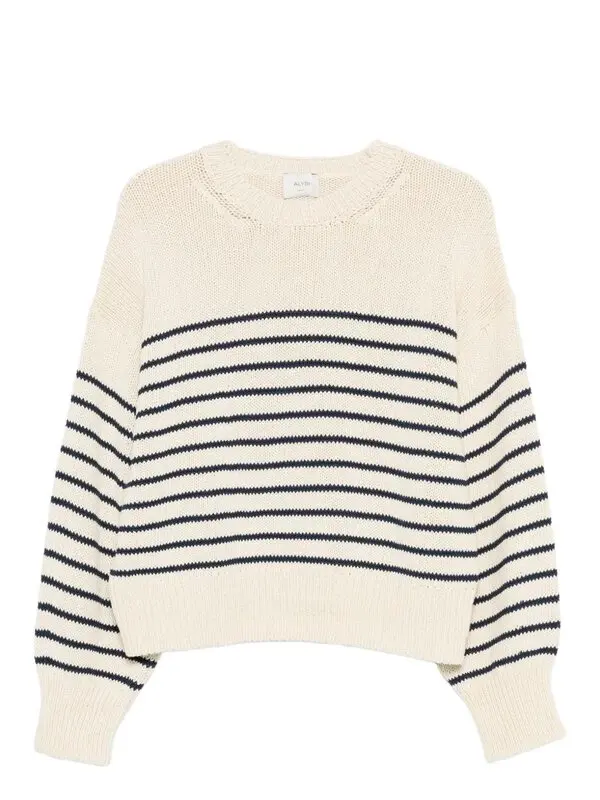 ALYSI Striped Cotton Crewneck Sweater - White