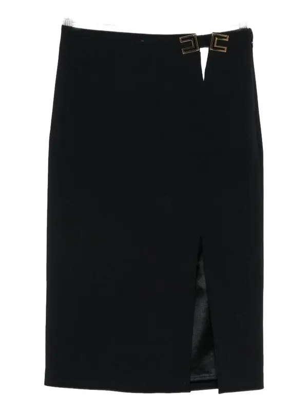 Elisabetta Franchi Midi Skirt With Side Slit And Logo Embellishment - Black