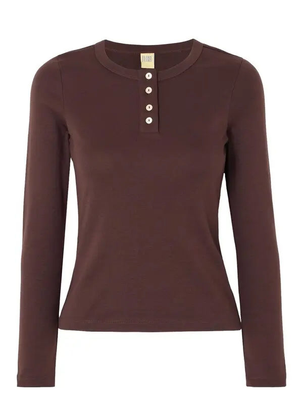 FLORE FLORE Jess Ribbed Organic Cotton-jersey Henley Top - Brown