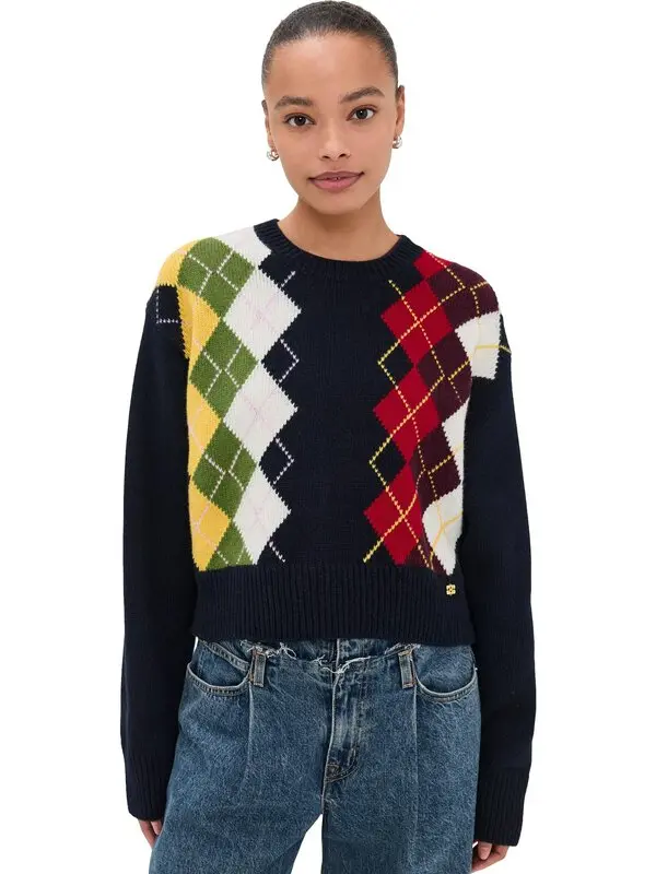 GANNI Chunky Wool Mix Argyle Knit Pullover - Sky Captain