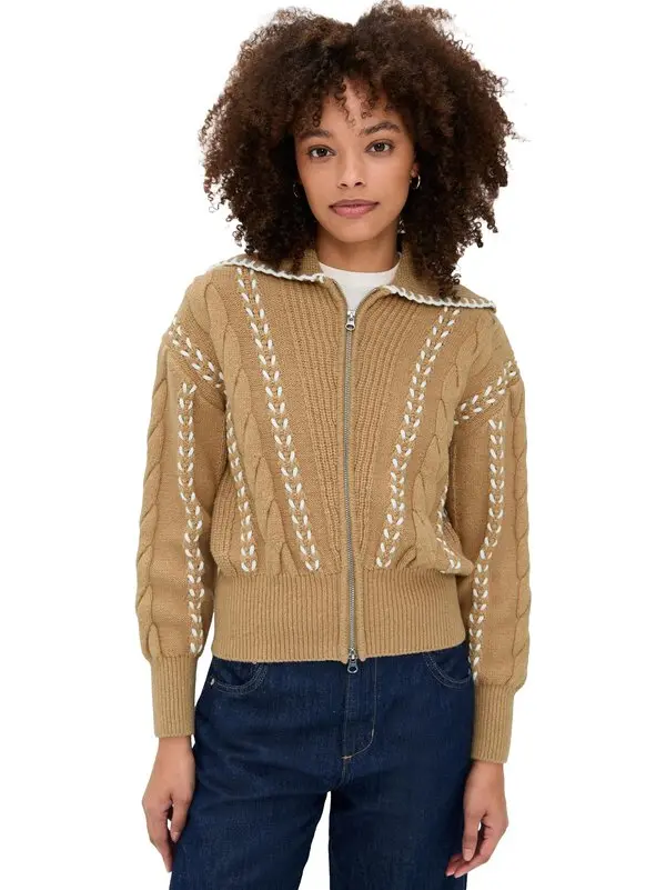 Rails Lune Zip-up Cable Knit Sweater - Camel Ivory Blanket Stitch