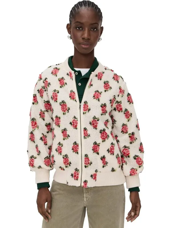 The Great. Zip Front Floral Plush Bomber Jacket - Cream Rose