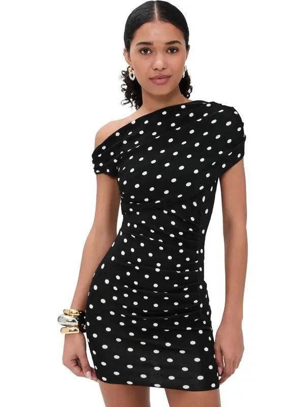 SELF-PORTRAIT Polka Dot Draped Knit Mini Dress - Black / White