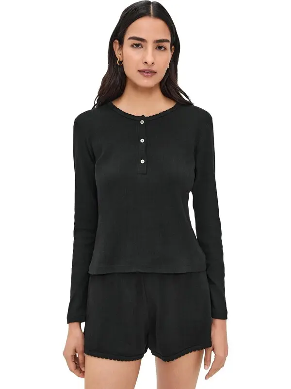 LESET Pointelle Henley Top - Black