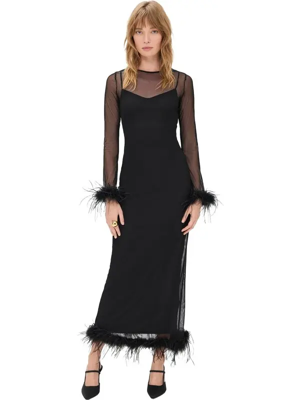 NEVER FULLY DRESSED Mesh Feather Trim Maxi Dress - Black