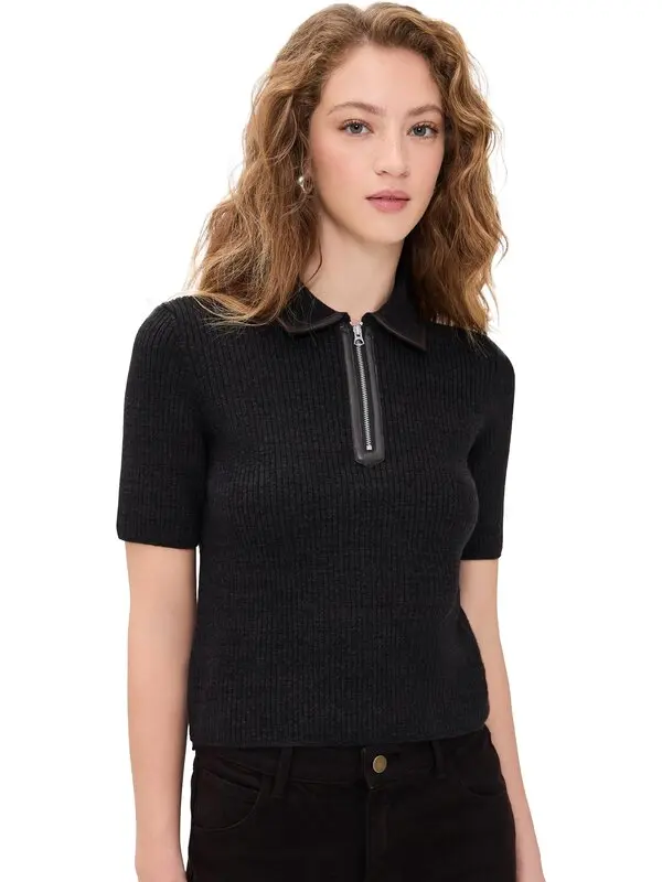 Rag & Bone Caterina Faux Leather Zip Polo - Dark Brown