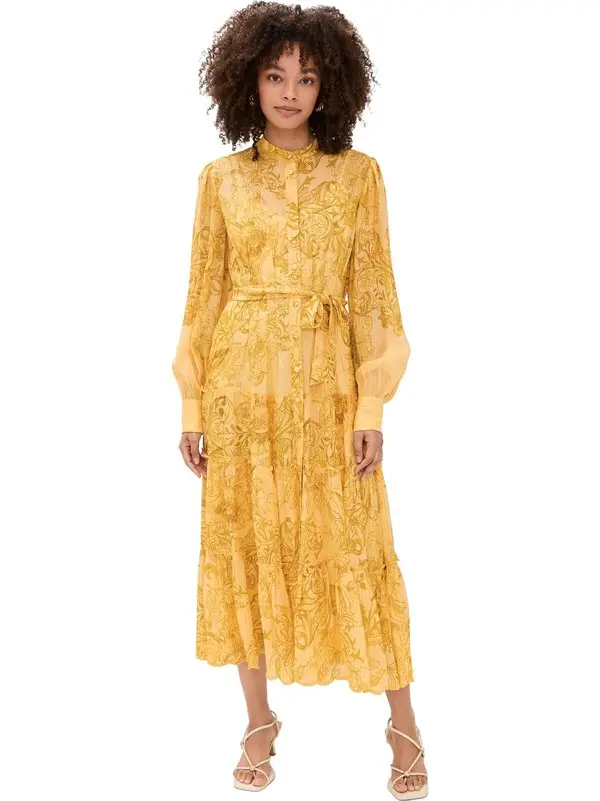 Hemant & Nandita Tiered Midi Dress With Belt - Yellow
